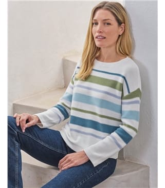 Green Multi | Cotton Stripe Sweater | WoolOvers US