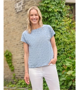 Pale Blue/White | Embroidered Daisy Top | WoolOvers AU