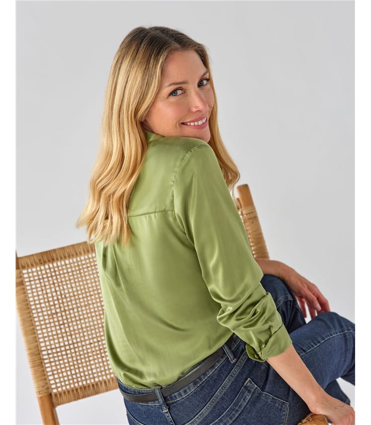 Green | Sand Washed Pure Silk Satin Blouse | WoolOvers UK