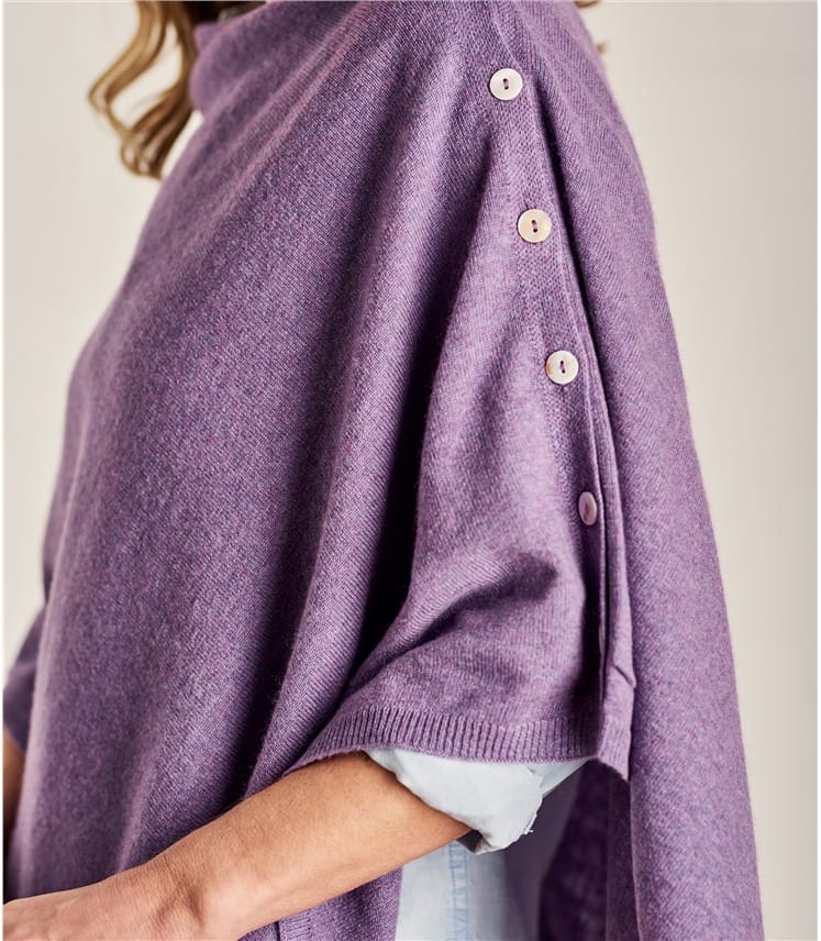 Lavender Marl | Womens Cashmere & Merino Button Poncho | WoolOvers AU