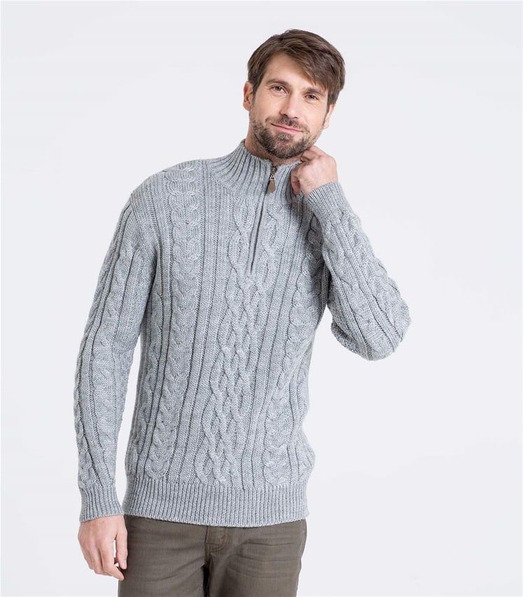 Flannel Grey Mens Pure Wool Aran Cable Zip Neck Knitted Sweater