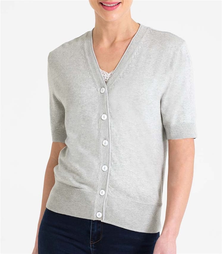 Smokey Grey Womens Silk And Cotton Short Sleeved V Neck Cardigan