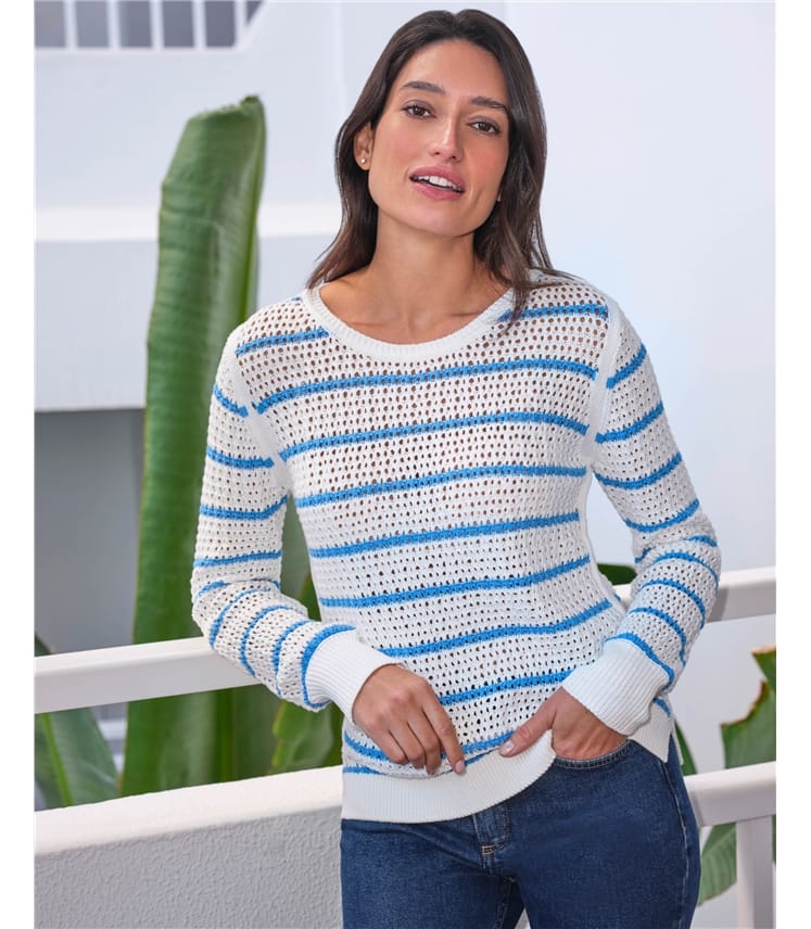 Blue/White | Organic Cotton Mesh Stripe Sweater | WoolOvers UK