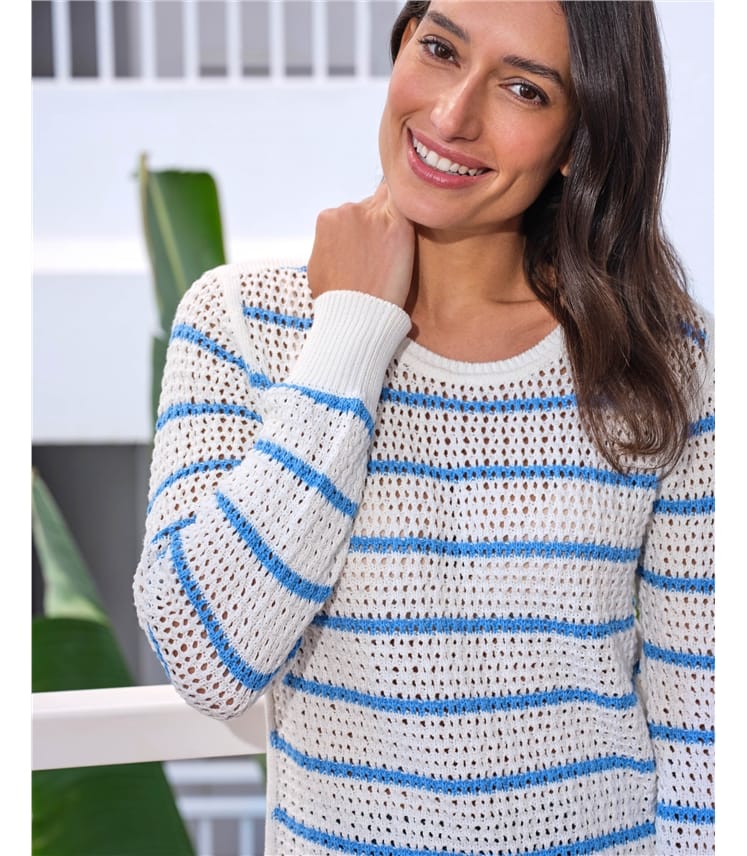 Blue/White | Organic Cotton Mesh Stripe Sweater | WoolOvers UK