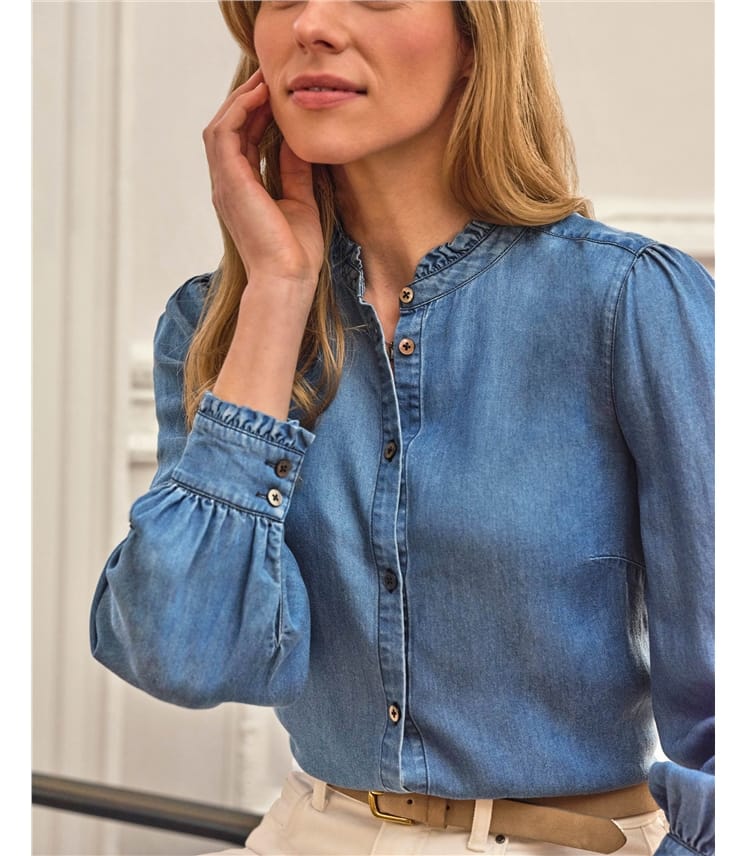 Denim | Denim Frill Stand Collar Shirt | WoolOvers UK