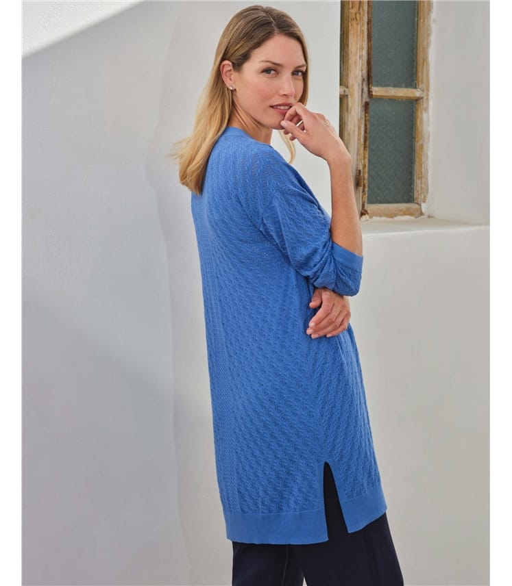 Sea Blue | Cotton Long Line Pointelle Cardigan | WoolOvers US