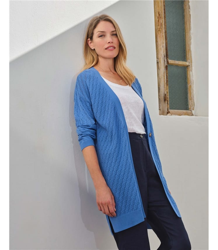 Sea Blue | Cotton Long Line Pointelle Cardigan | WoolOvers UK