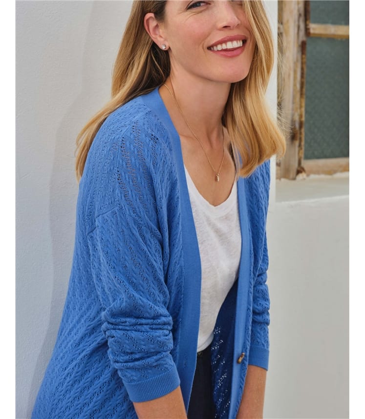 Sea Blue | Cotton Long Line Pointelle Cardigan | WoolOvers US