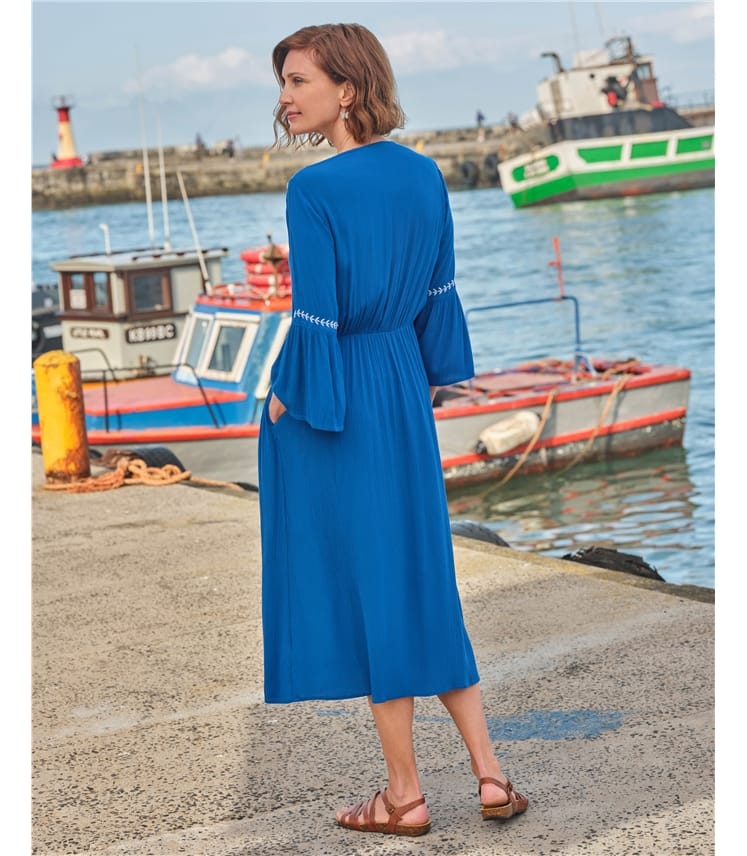 Azure Blue 100 Viscose Fluted Sleeve Viscose Midi Dress
