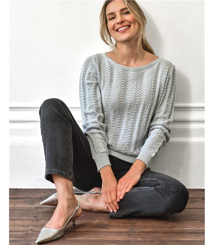 Ice Blue | Cotton Sparkle Fan Stitch Sweater With Gross Grain Tie ...