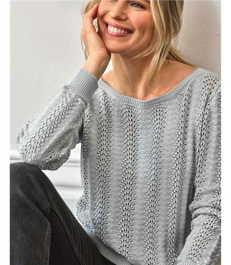 Ice Blue | Cotton Sparkle Fan Stitch Sweater With Gross Grain Tie ...