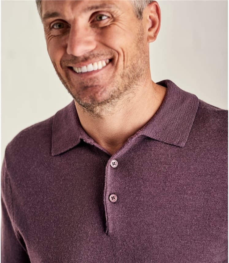 Purple Ash Mens Luxurious Merino Long Sleeve Polo Shirt Woolovers Us