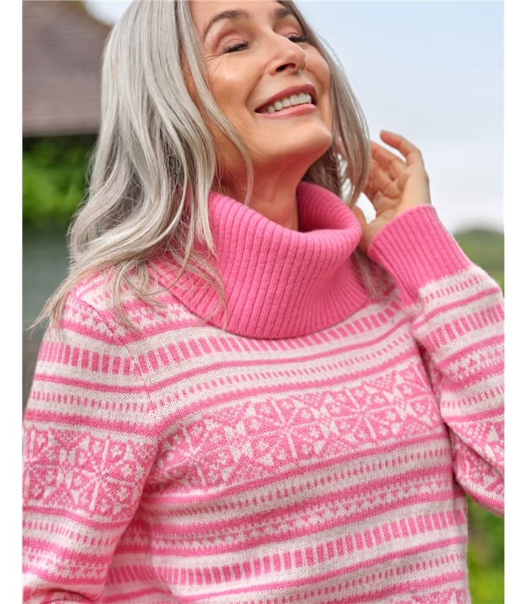 Pink Multi | Cowl Neck Fairisle Jumper | WoolOvers UK