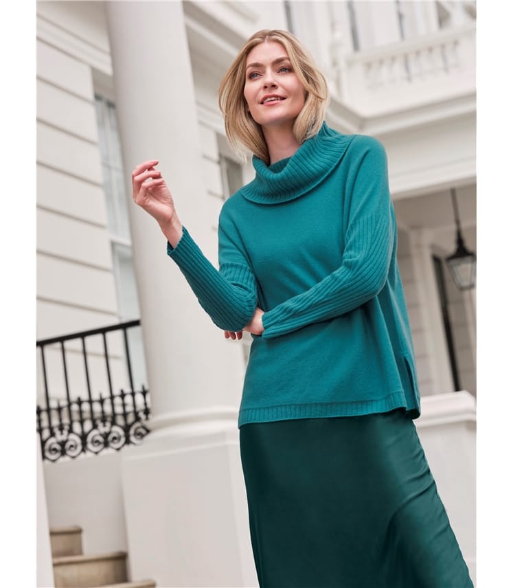 Teal | Cashmere Relaxed Cowl Neck Sweater | WoolOvers US