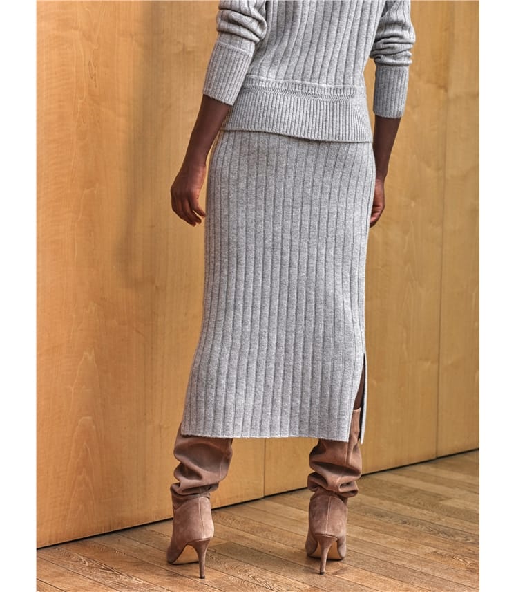 Grey Marl | Wool Cashmere Ribbed Skirt | WoolOvers US