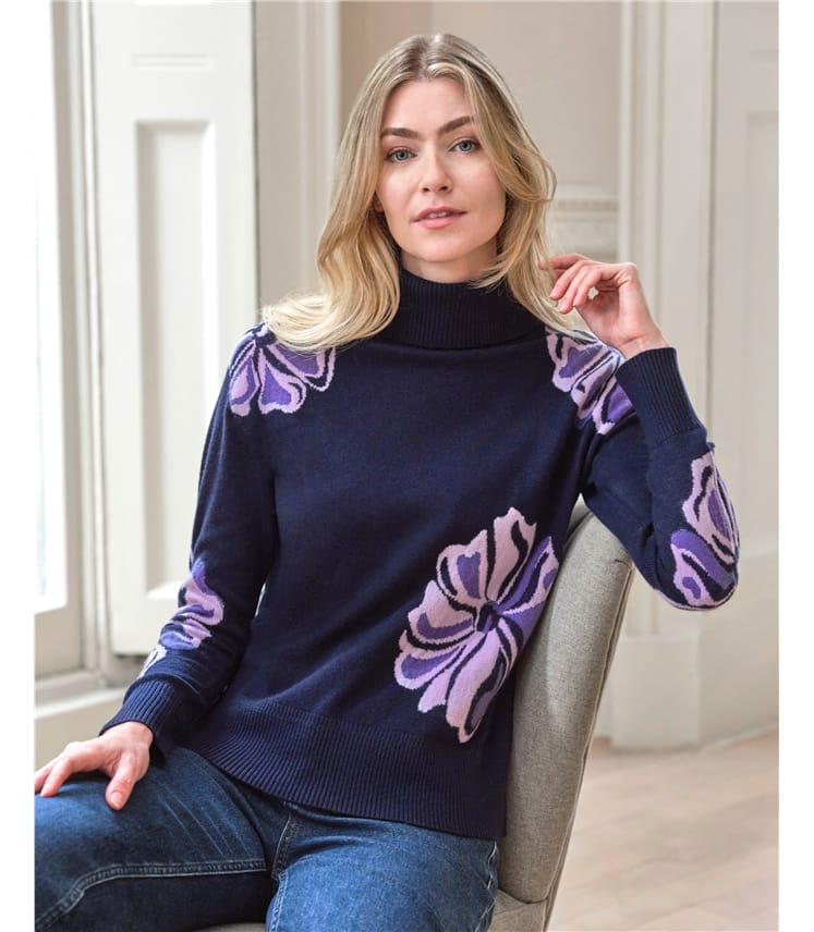 Navy Multi | Wool Cashmere Floral Sweater | WoolOvers US