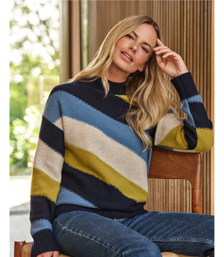 Blue / Green | Wool Cashmere Diagonal Stripe Sweater | WoolOvers UK