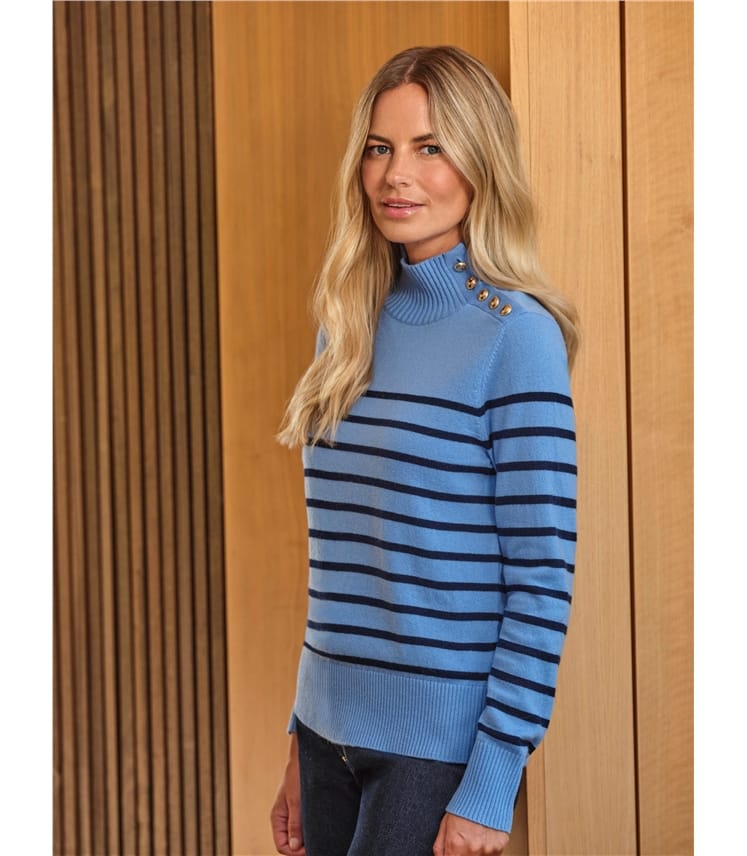 Blue Navy | Wool Cashmere Striped Button Sweater | WoolOvers US