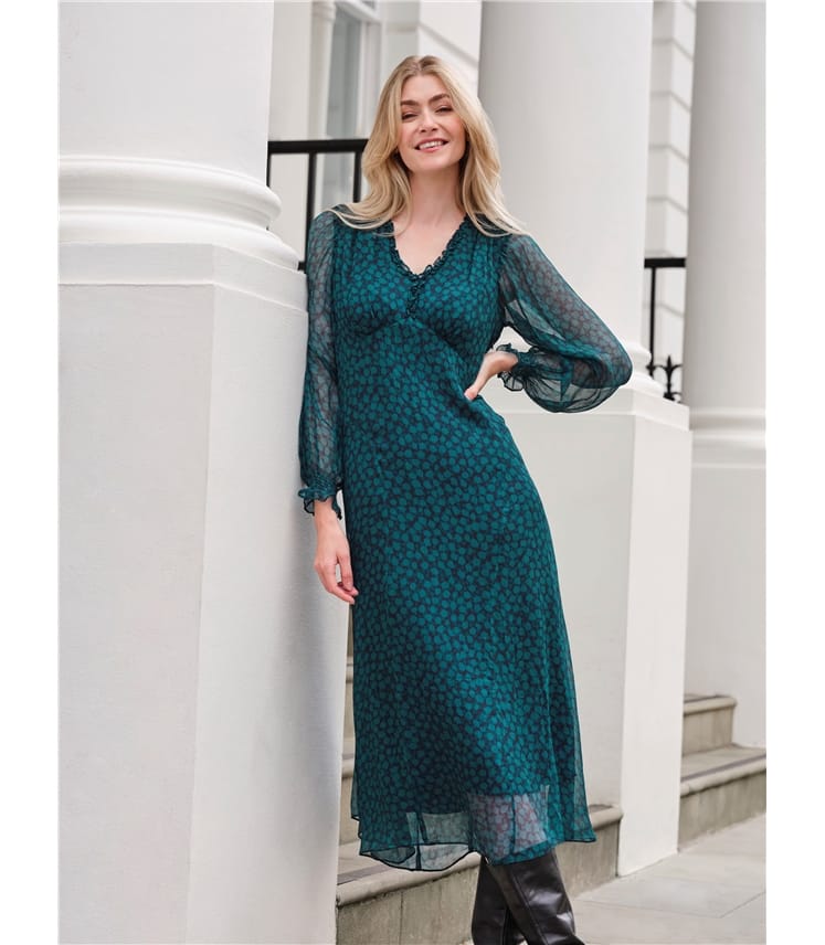 Tonal Dot | Frill Neck Printed Dress | WoolOvers US