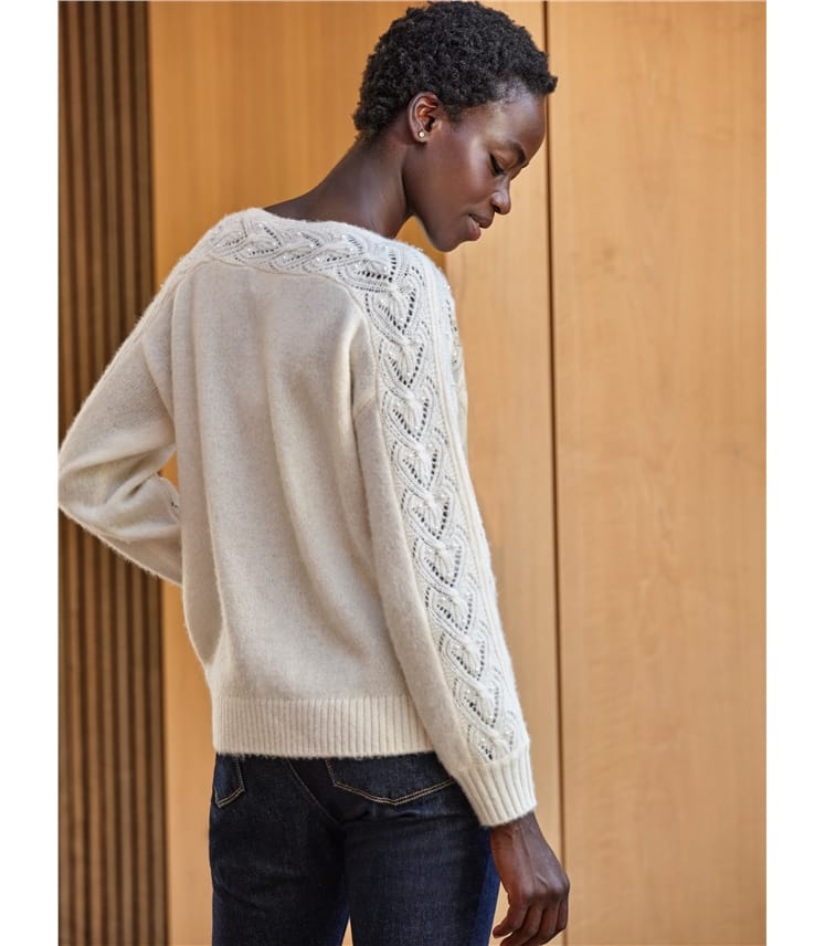 Soft White | Wool Cashmere Lace And Pearl Sleeve Sweater | WoolOvers US