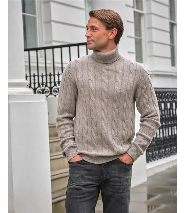Dark Oatmeal | Wool Cashmere Cable Roll Neck Sweater | WoolOvers US