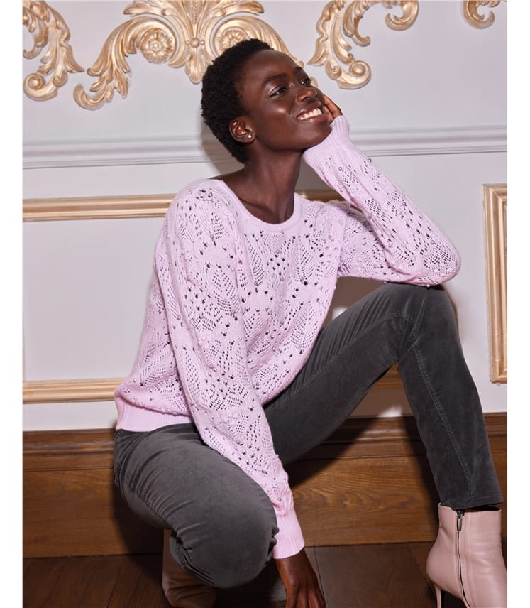 Orchid Ice | Wool Cashmere Pearl And Lace Sweater | WoolOvers US