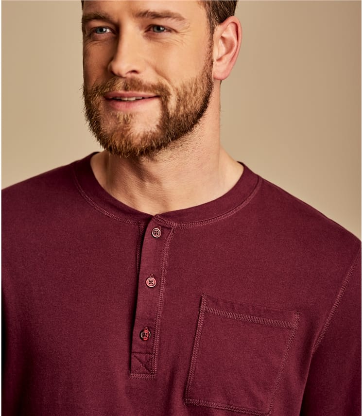 Plum | Mens Henley Button Long Sleeve T-shirt | WoolOvers UK Plum | Mens Henley Button Long Sleeve T-shirt | WoolOvers UK