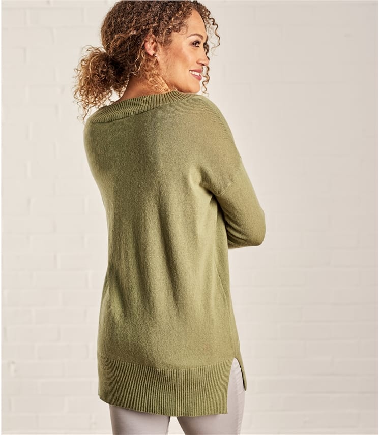 Soft Olive | Womens Cashmere Merino Deep V Neck Tunic | WoolOvers UK