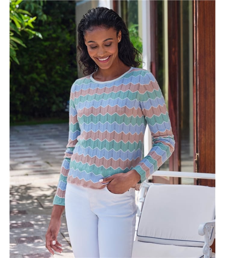 Blue/Green | Cashmere Multi Zig Zag Stripe Sweater | WoolOvers US