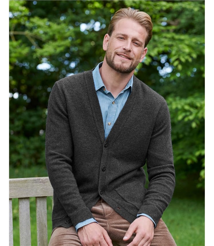 Charcoal | Mens Lambswool V Neck Cardigan | WoolOvers AU