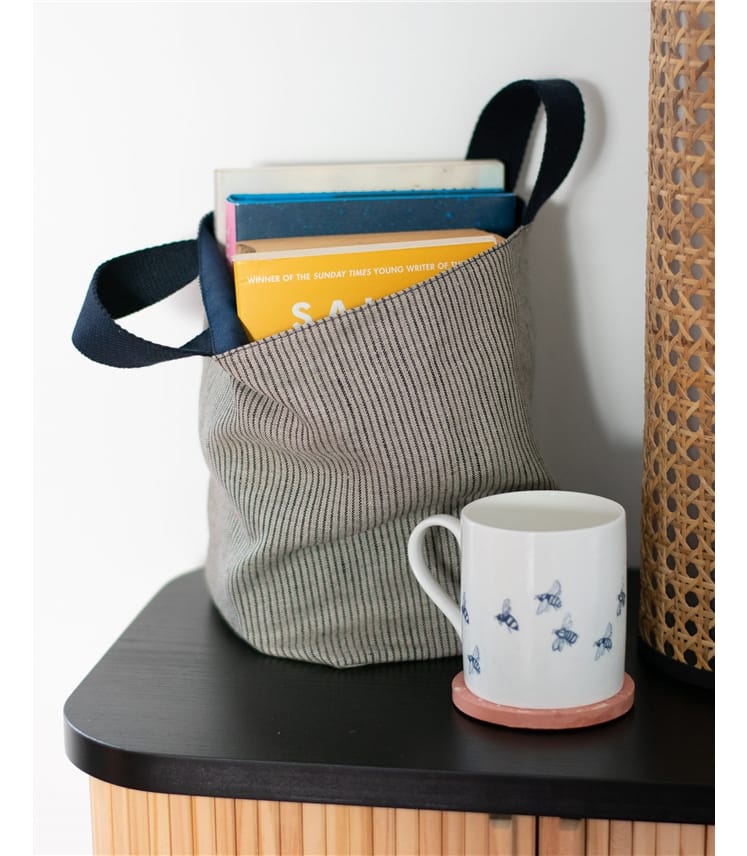 Natural & Dark Blue | Striped Large Storage Pot with Handles | WoolOvers UK