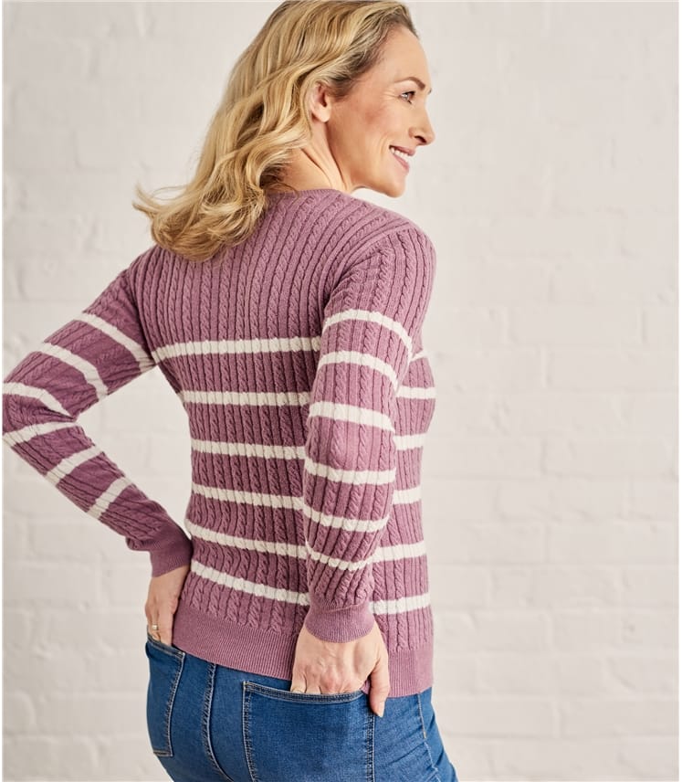 Dewberry Cream Womens Breton Stripe Cable Crew Neck Jumper Woolovers Au