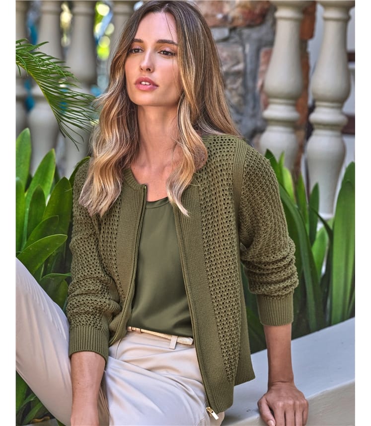 Khaki | Cotton Mesh Zip Through Cardigan | WoolOvers UK