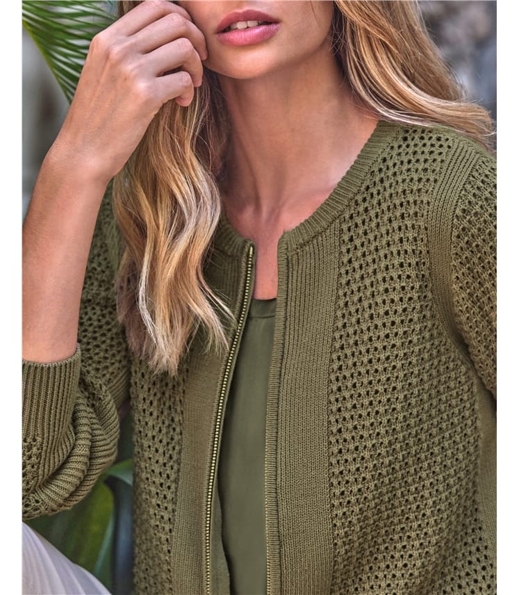 Khaki | Cotton Mesh Zip Through Cardigan | WoolOvers US