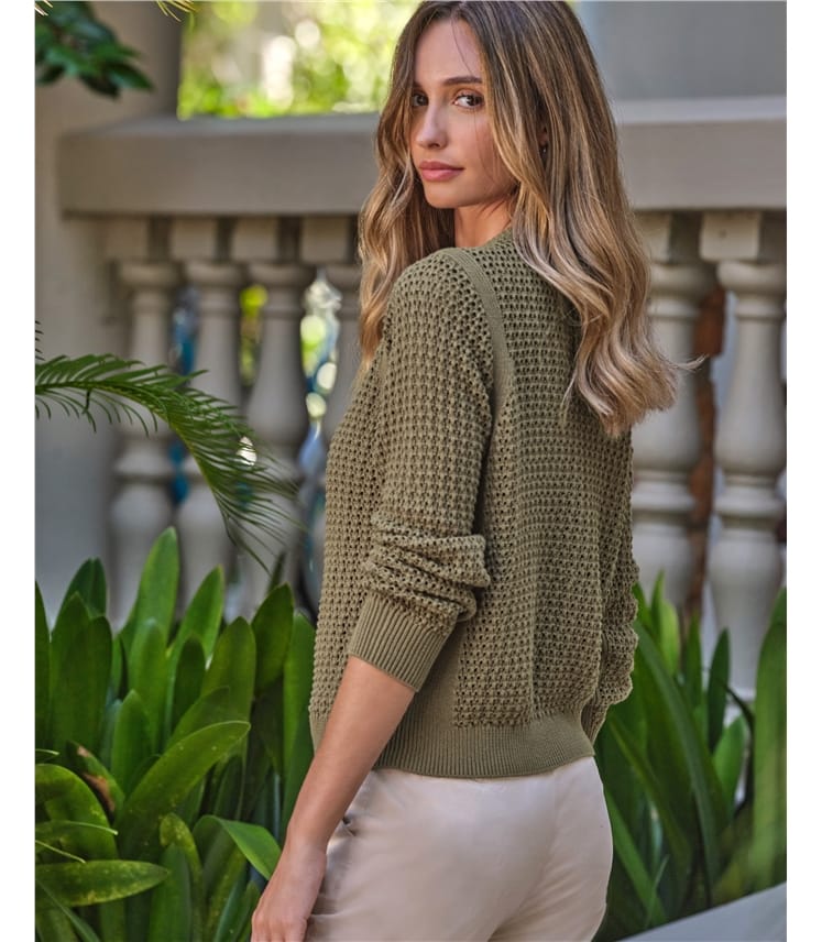 Khaki | Cotton Mesh Zip Through Cardigan | WoolOvers US
