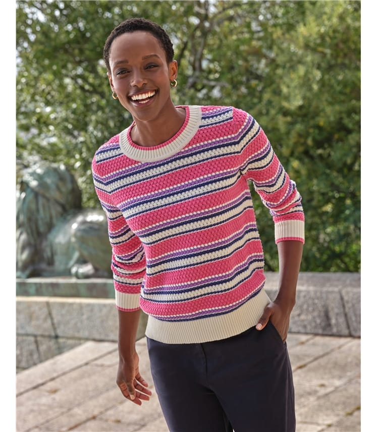Pink Multi | Cotton Textured Stripe Sweater | WoolOvers US