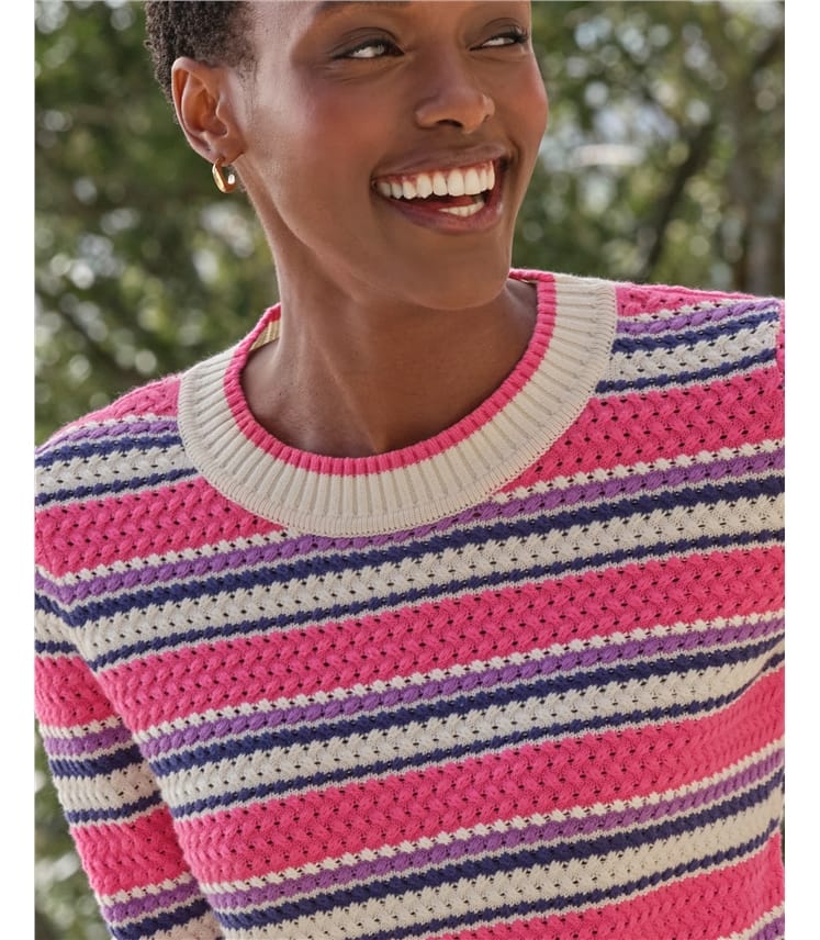 Pink Multi | Cotton Textured Stripe Sweater | WoolOvers US