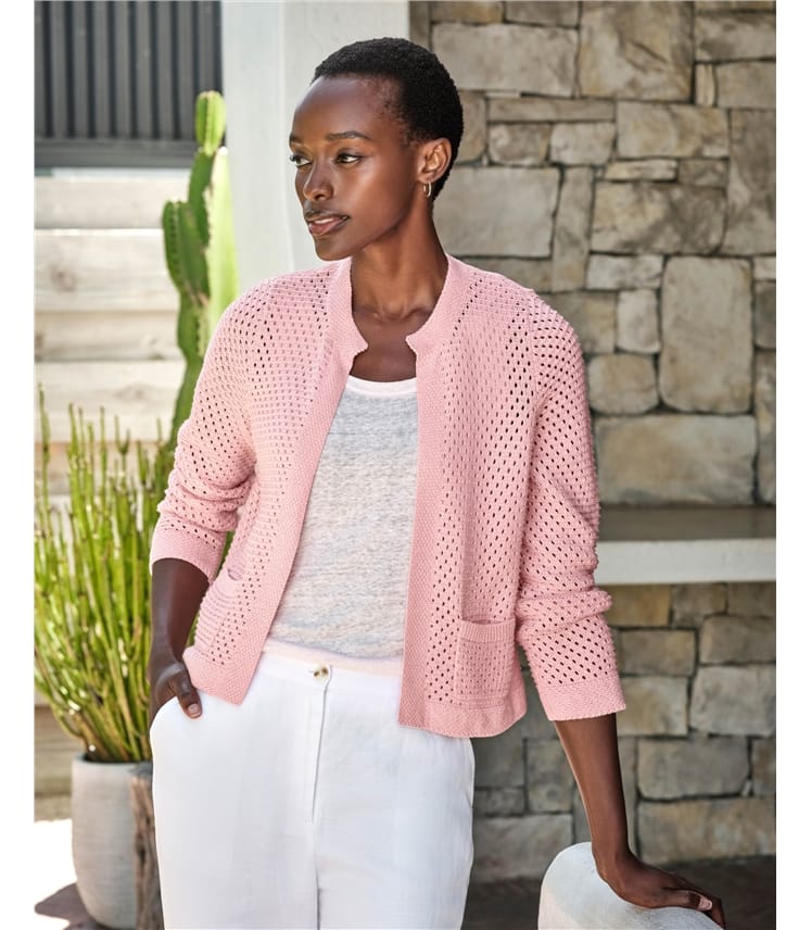 Pink | Cotton Mesh Open Cardigan | WoolOvers US