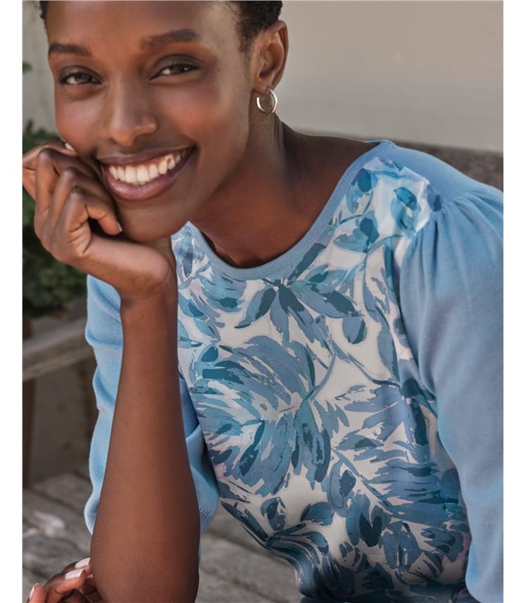 Blue Multi | Cotton Silk Printed Sweater | WoolOvers US