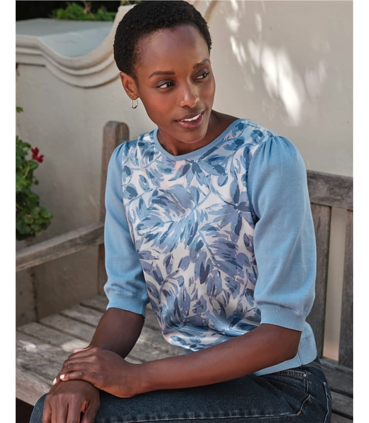 Blue Multi | Cotton Silk Printed Sweater | WoolOvers US