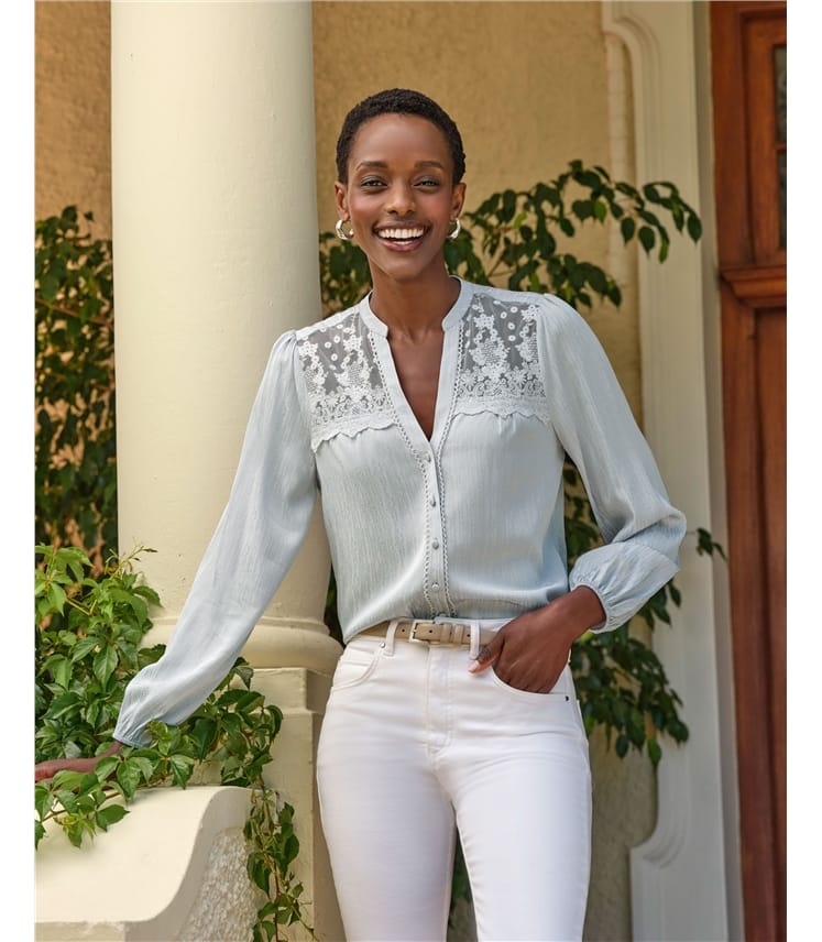 Dusky Blue | Notch Neck Lace Trim Blouse | WoolOvers US