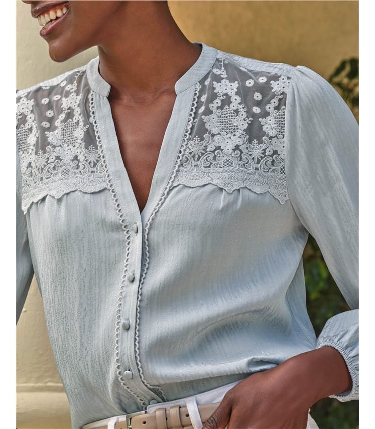 Pale Blue Lace Blouse Lace Trim Bardot Top In Light Blue Roman