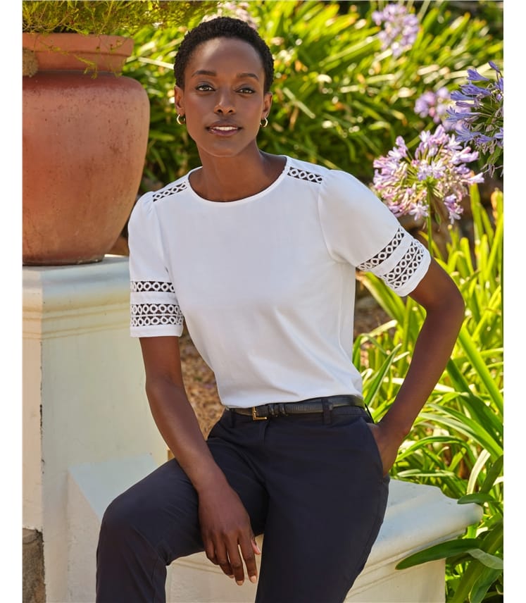 White | Lace Sleeve Detail Tee | WoolOvers UK