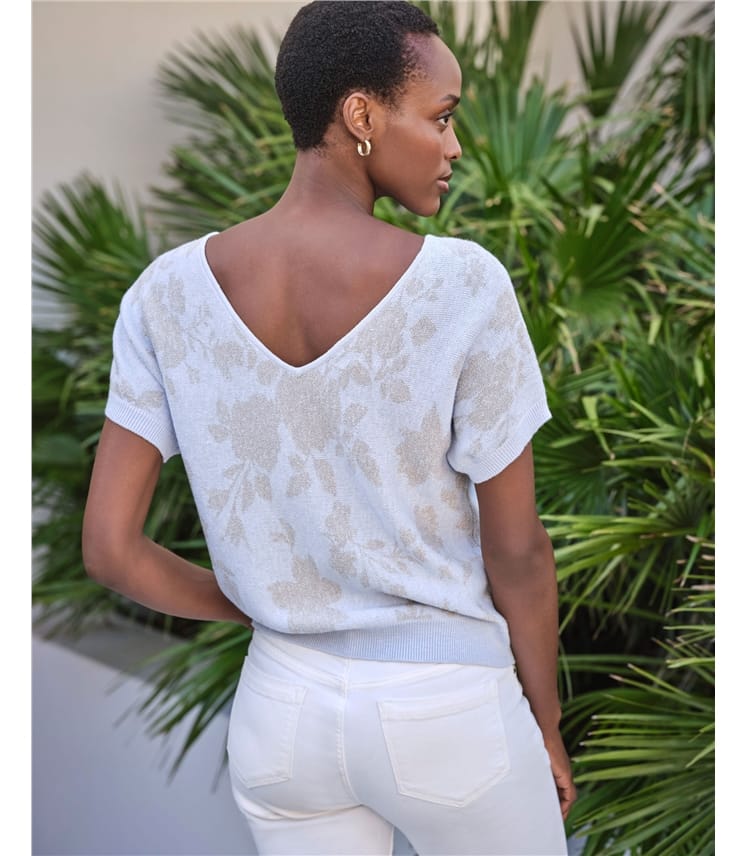 Blue/Silver | Linen Cotton Sparkle Rose Top | WoolOvers UK