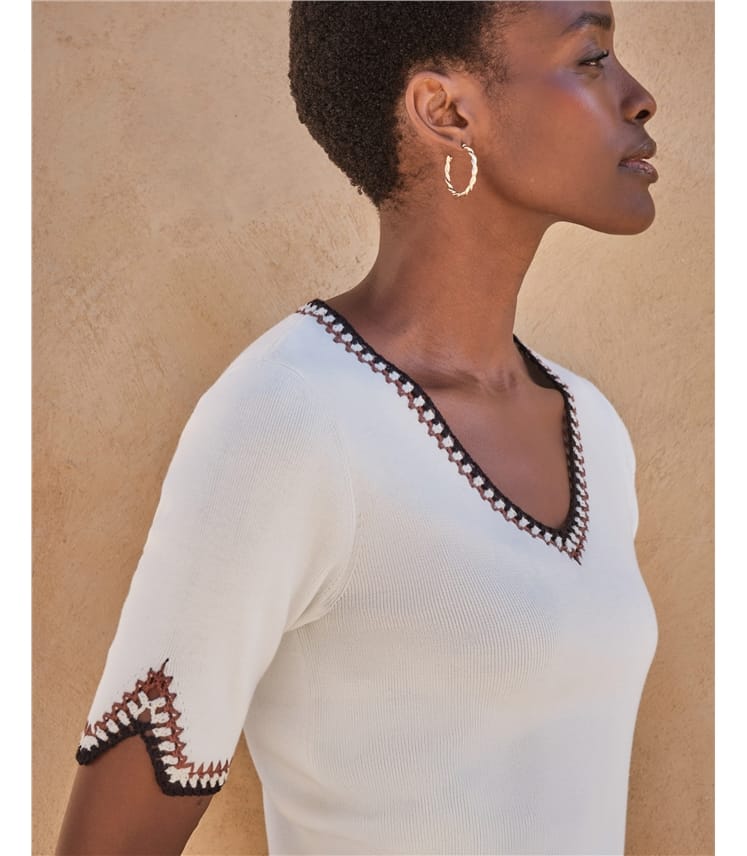 Soft White | Cotton Blend Crochet Trim Top | WoolOvers US