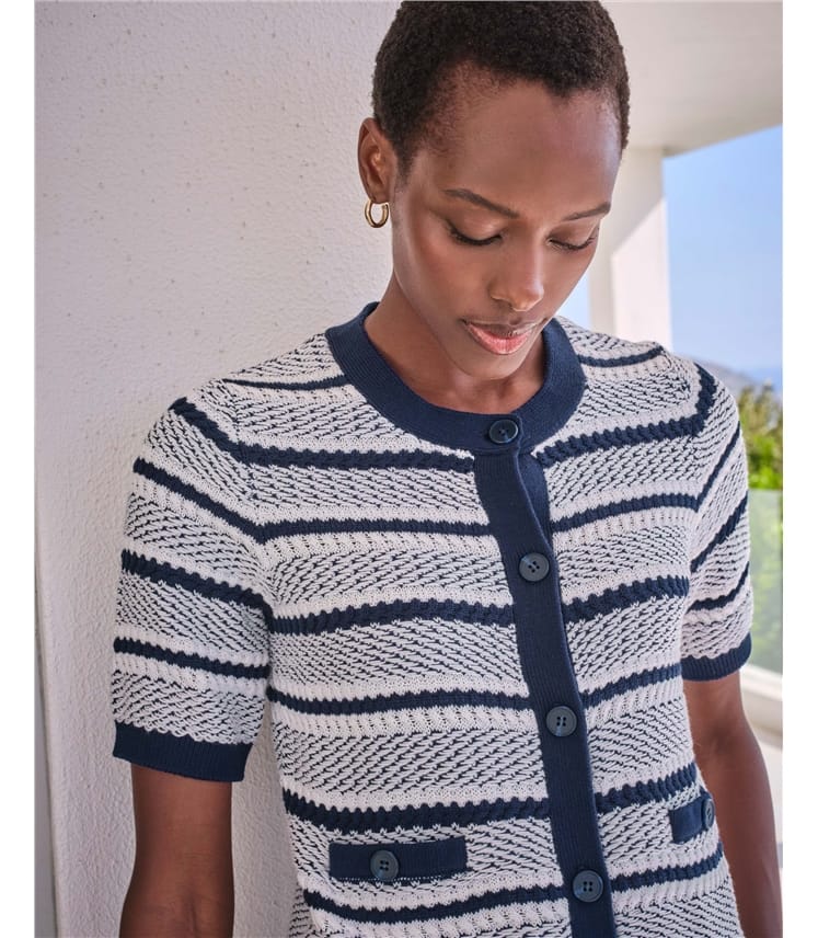 White/Navy | Cotton Textured Short Sleeve Stripe Cardigan | WoolOvers US