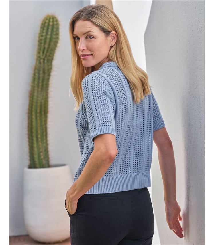 Chambray Blue | SS Cotton Collar Mesh Cardigan | WoolOvers US