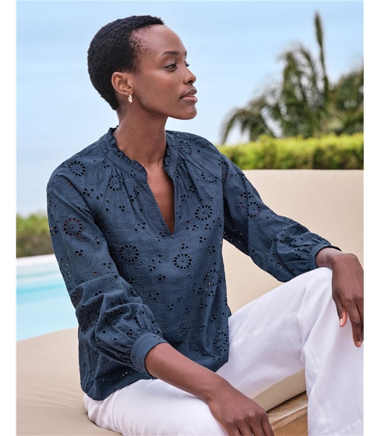 Navy Blue | Notch Neck Broderie Blouse | WoolOvers UK