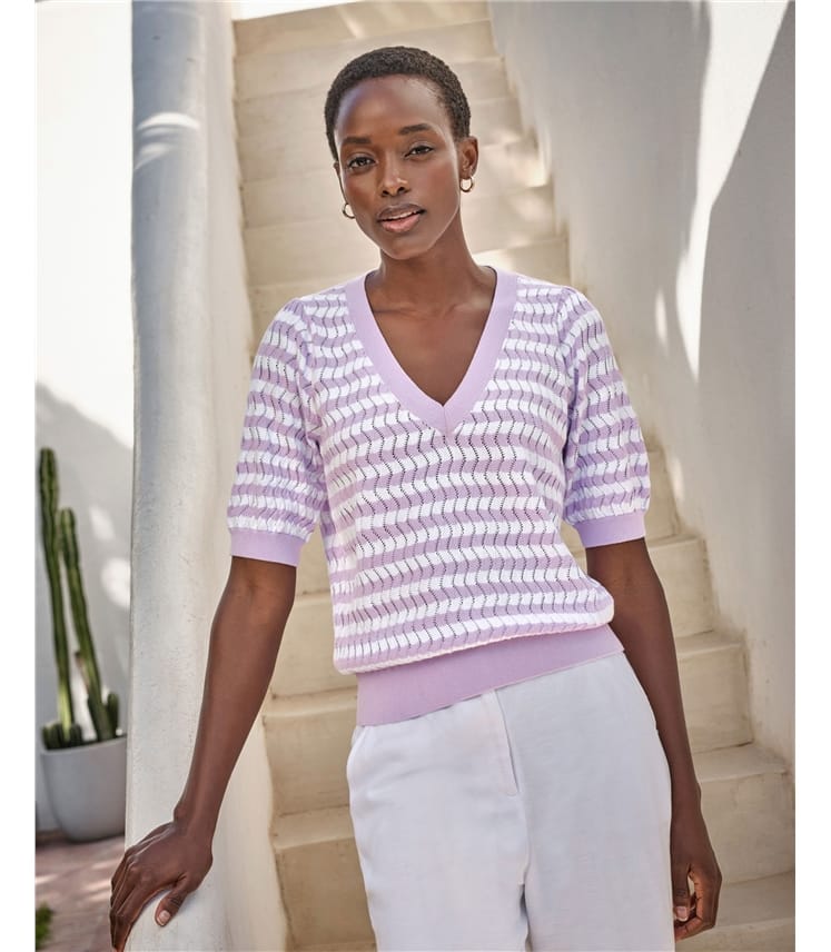 Lilac/White | Cotton Lacy Stitch Top | WoolOvers UK