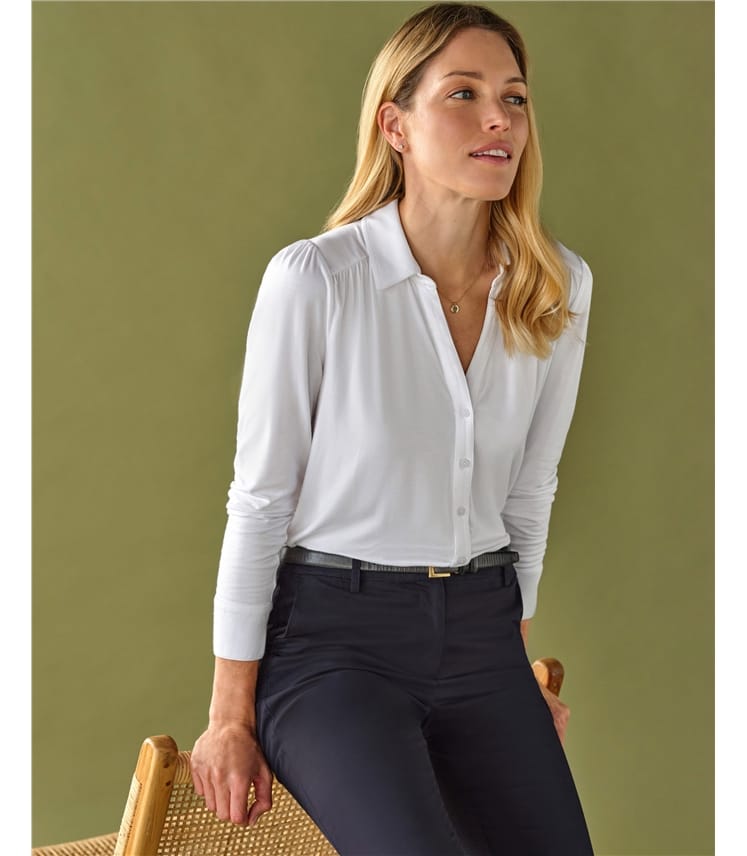 White | Viscose Jersey V Neck Shirt | WoolOvers UK